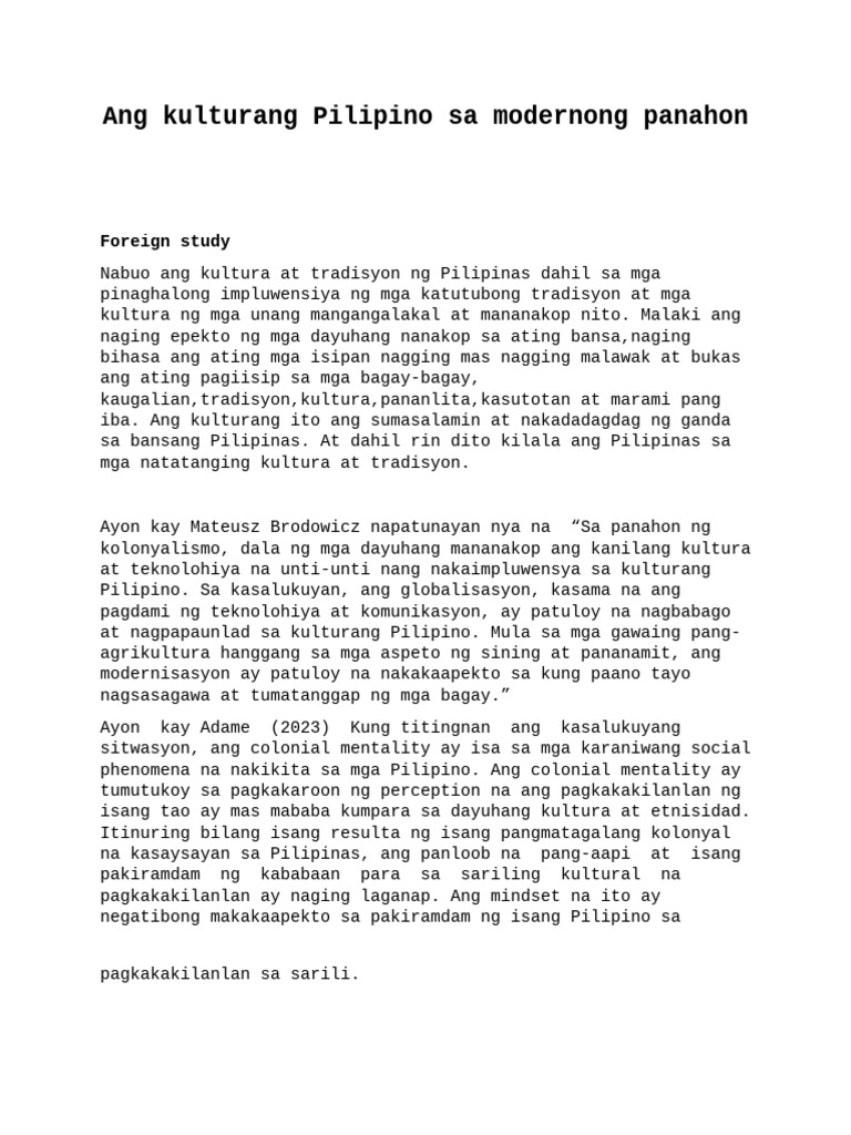 Ang Kulturang Pilipino Sa Modernong Panahon | PDF
