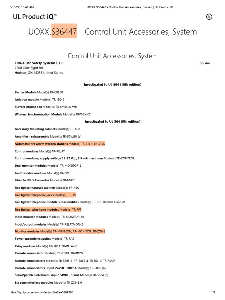 11.UOXX.S36447 - Control Unit Accessories, System - UL Product Iq | PDF ...