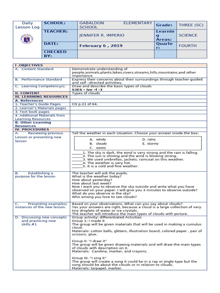 Grade 3 COT-Science-CAMARENES-Q4 | PDF | Cloud | Behavior Modification