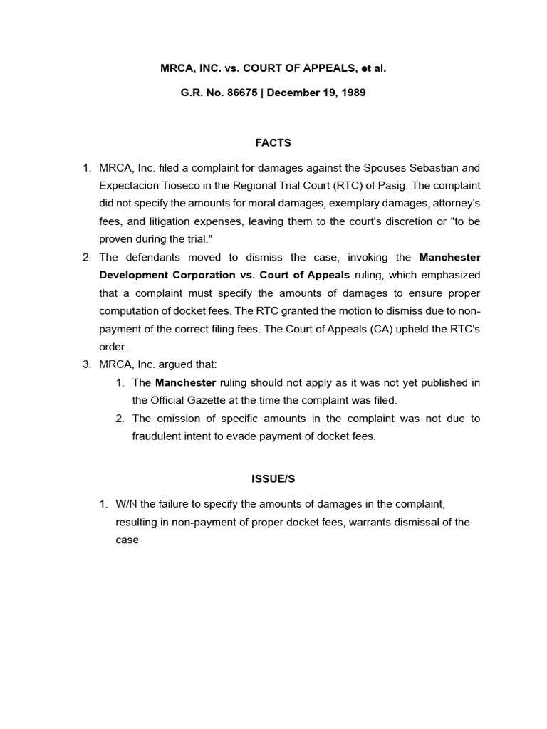 MRCA, Inc. vs. Court of Appeals Ruling | PDF | Complaint | Damages