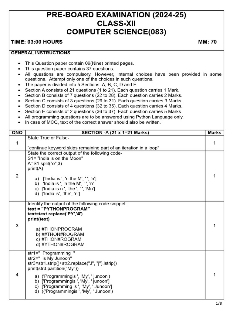 Class XII Computer Science Pre-Board Exam | PDF | Software Engineering | Computer Engineering