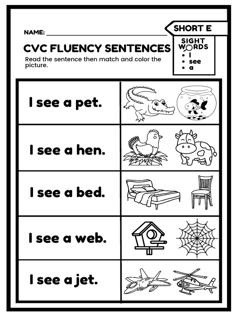 CVC Fluency Sentences Read and Color Short E Words Worksheet | PDF