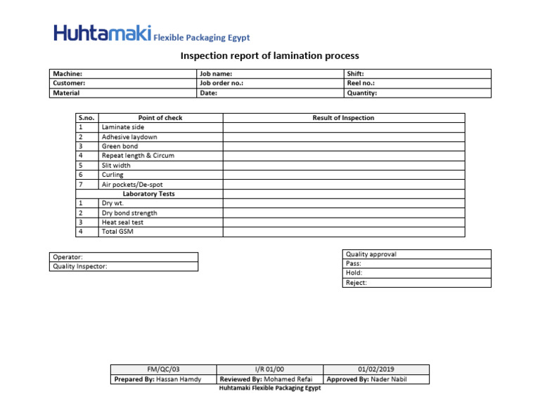 Inspection Report of Lamination Process | PDF