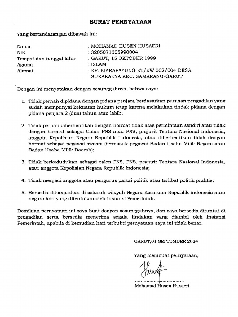 Surat Pernyataan For Kpu | PDF