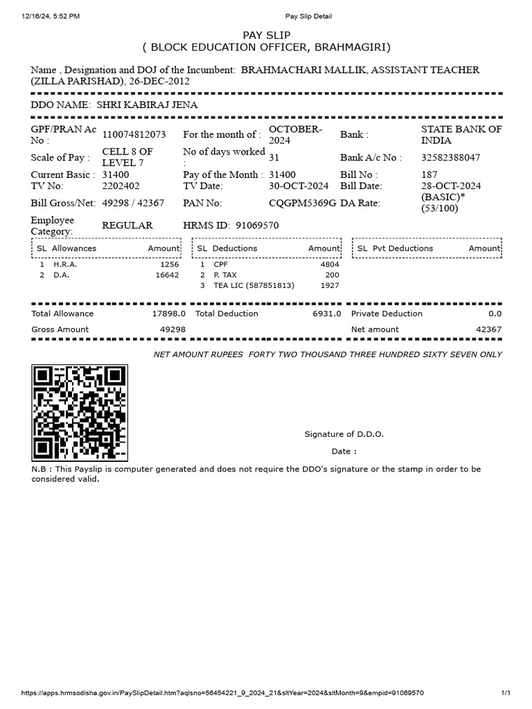 October 2024 Pay Slip for Assistant Teacher | PDF | Payments | Taxes