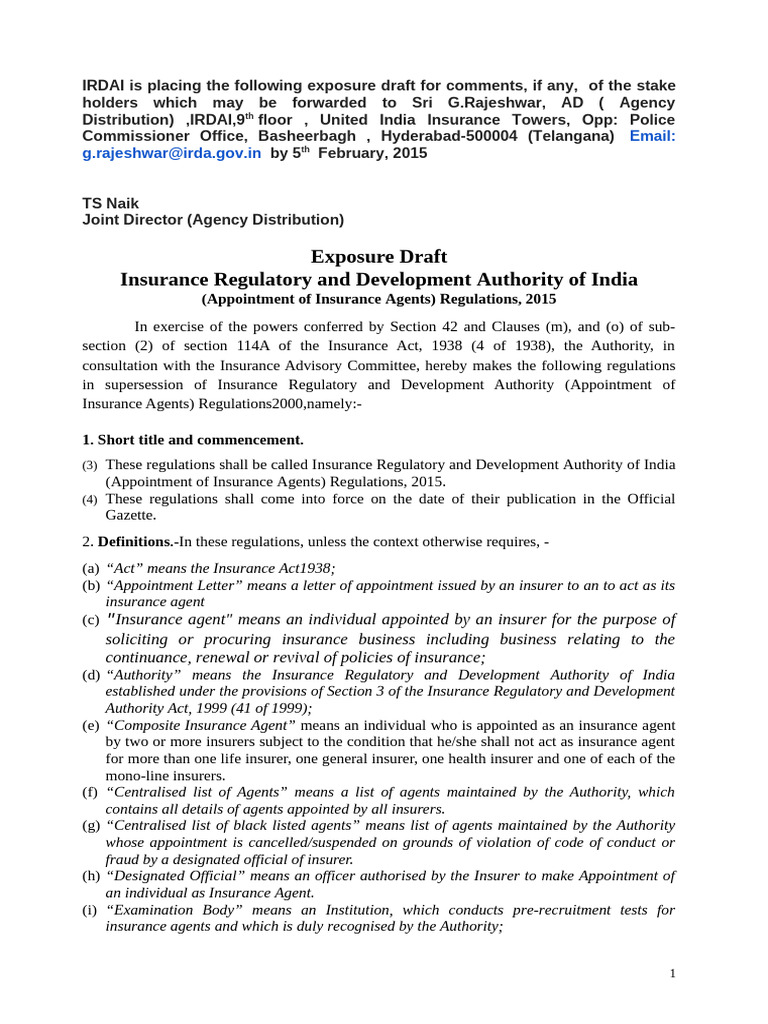 Exposure Draft IRDAI (Appointment of Insurance Agents) Regulations ...