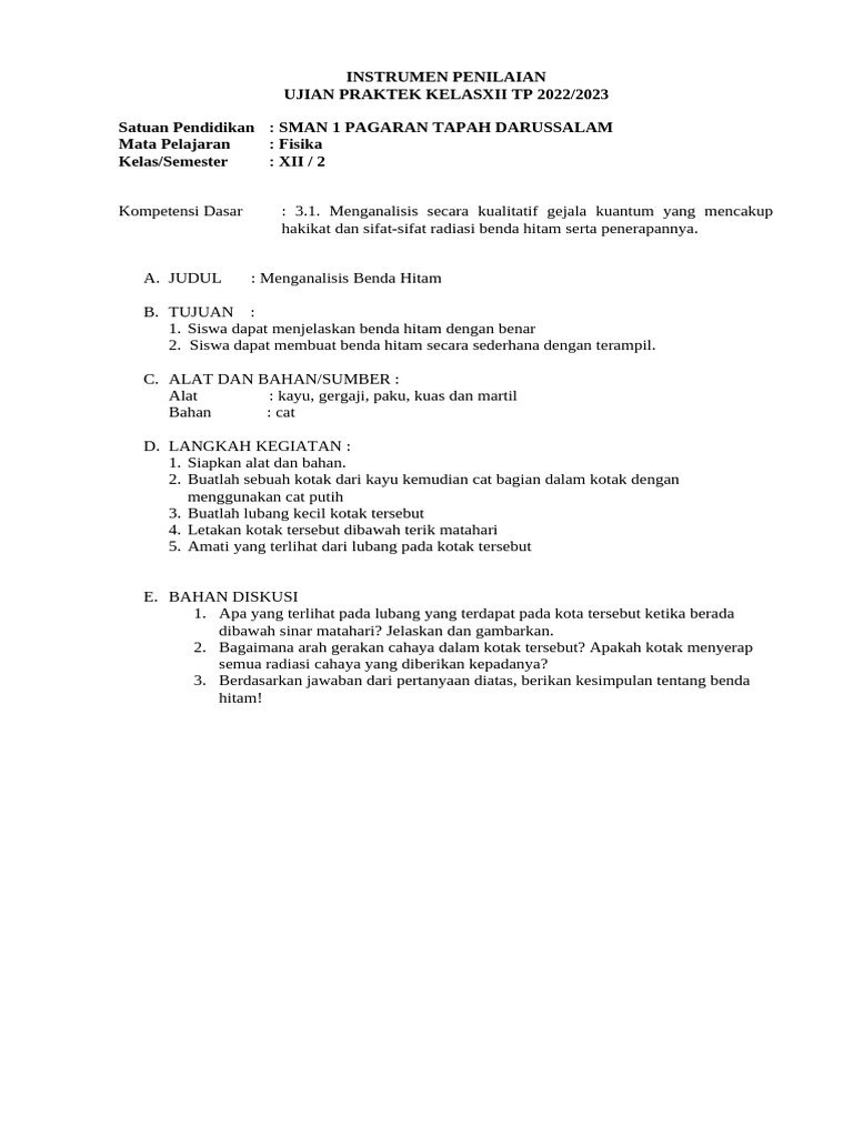 Instrumen Ujian Praktek Bio Kls XII TP 2022-2023 | PDF