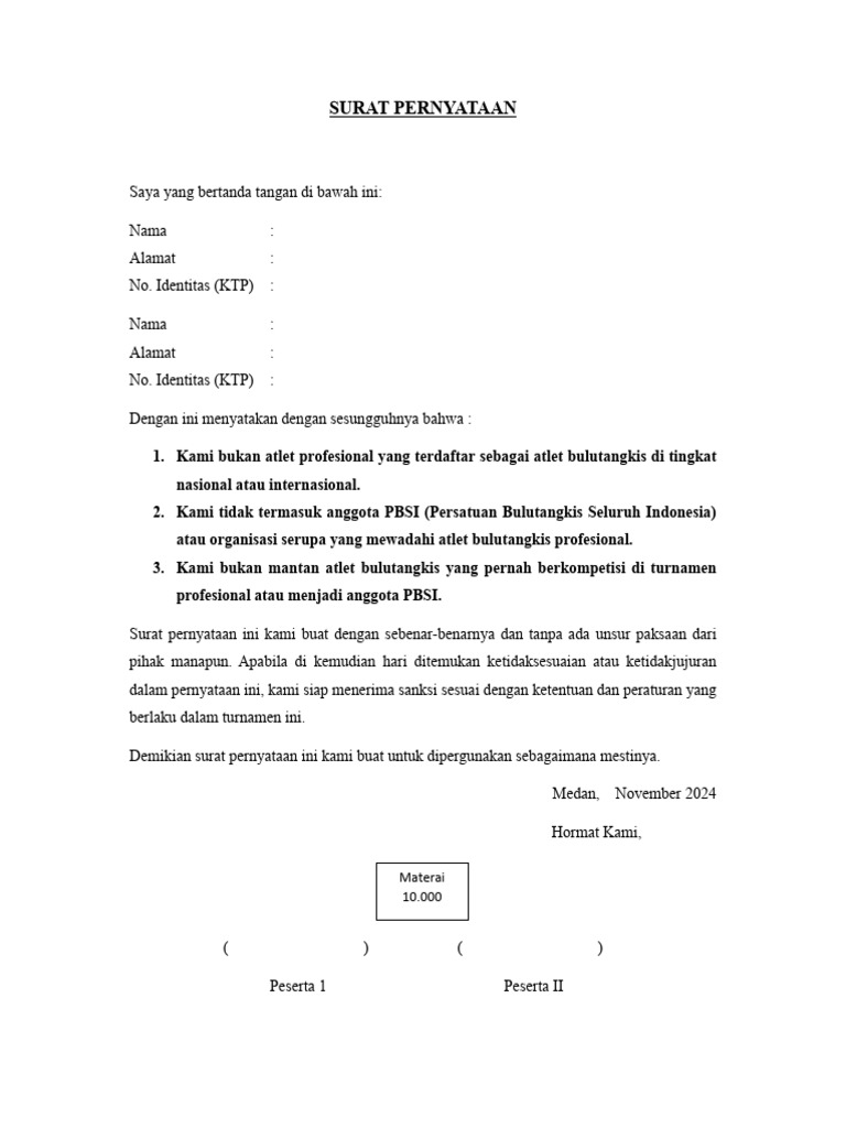 Surat Pernyataan Bukan Atlet | PDF