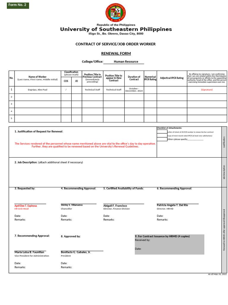 Form 2 Renewal Form For HR Tagum Mabini Unit | PDF