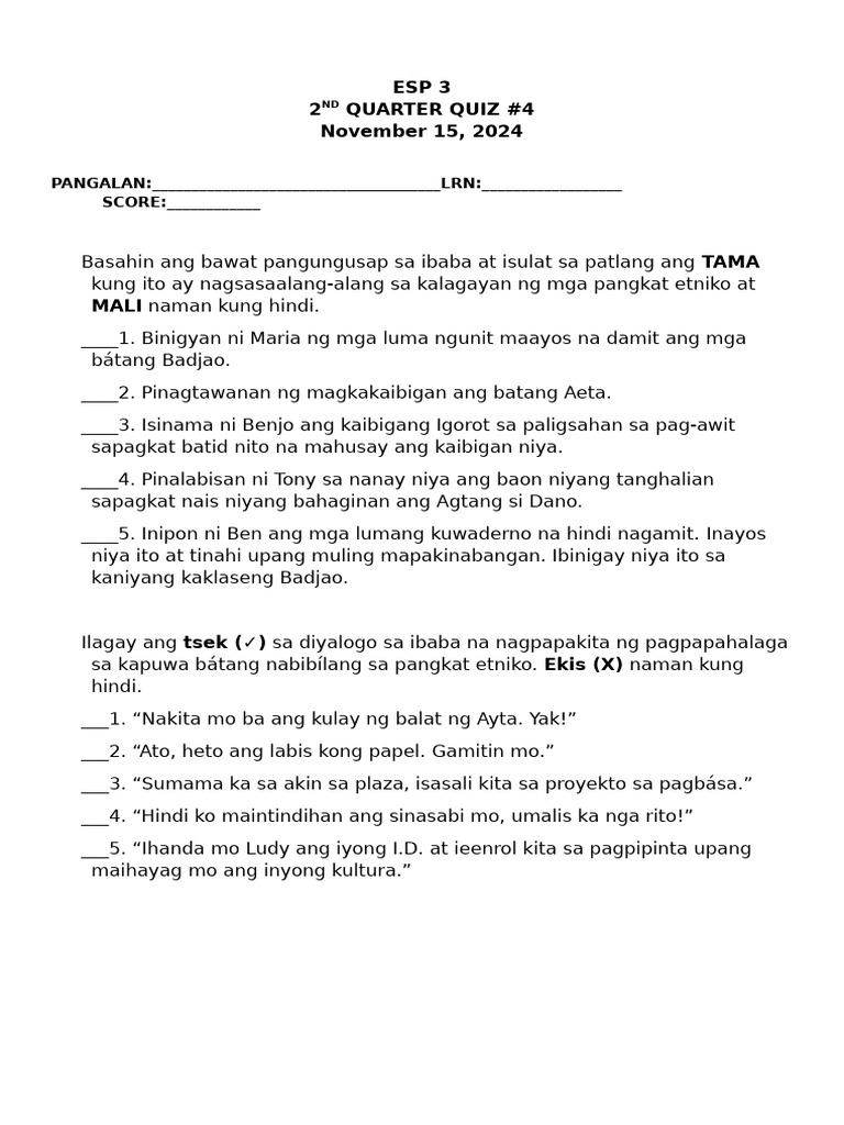 2ND Quarter Quiz#4 | PDF