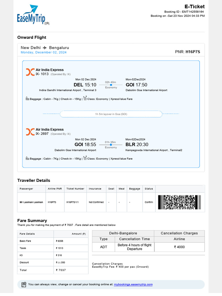 EaseMyTrip Flight E-Ticket for Flights | PDF | Travel Visa