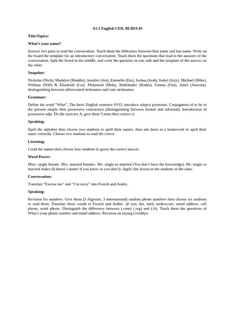 A1.1 English CEIL BLIDA 01 Title/Topics: What's Your Name? | PDF