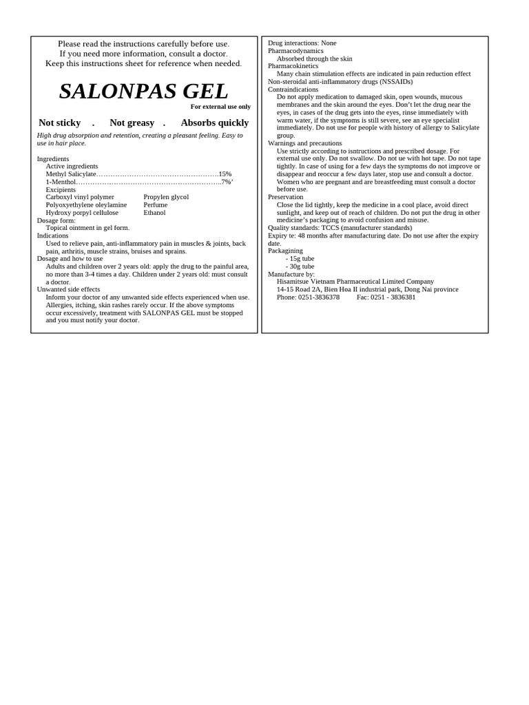 Salonpas Gel | PDF | Topical Medication | Pharmacology