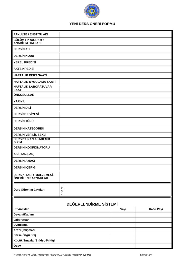 FR-0315-Yeni Ders Öneri Formu | PDF