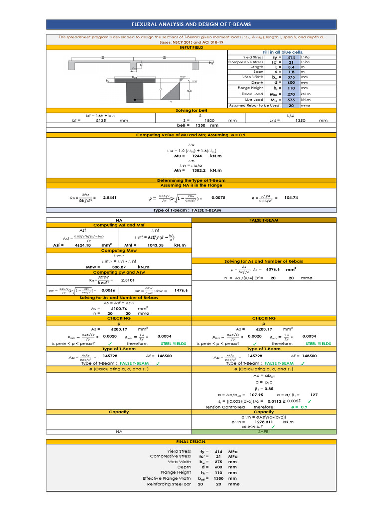 Analysis and Design of Reinforced Concrete T-Beams Excel Program | PDF ...