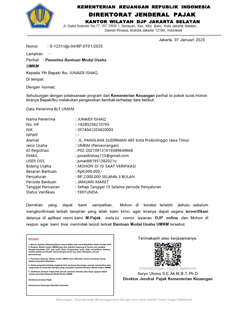 LAMPIRAN BANTUAN MODAL USAHA UMKM -JUNAIDI ISHAQ | PDF