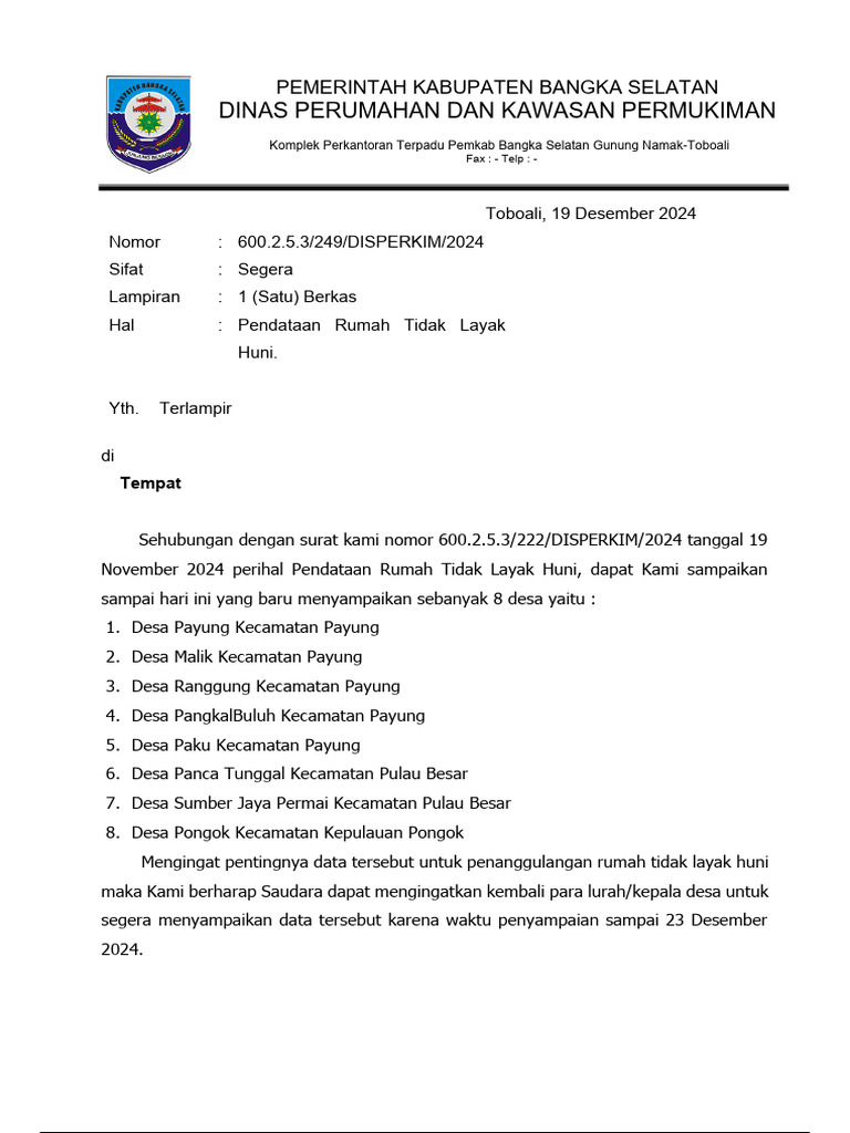 Surat Permintaan Data RTLH Desa | PDF