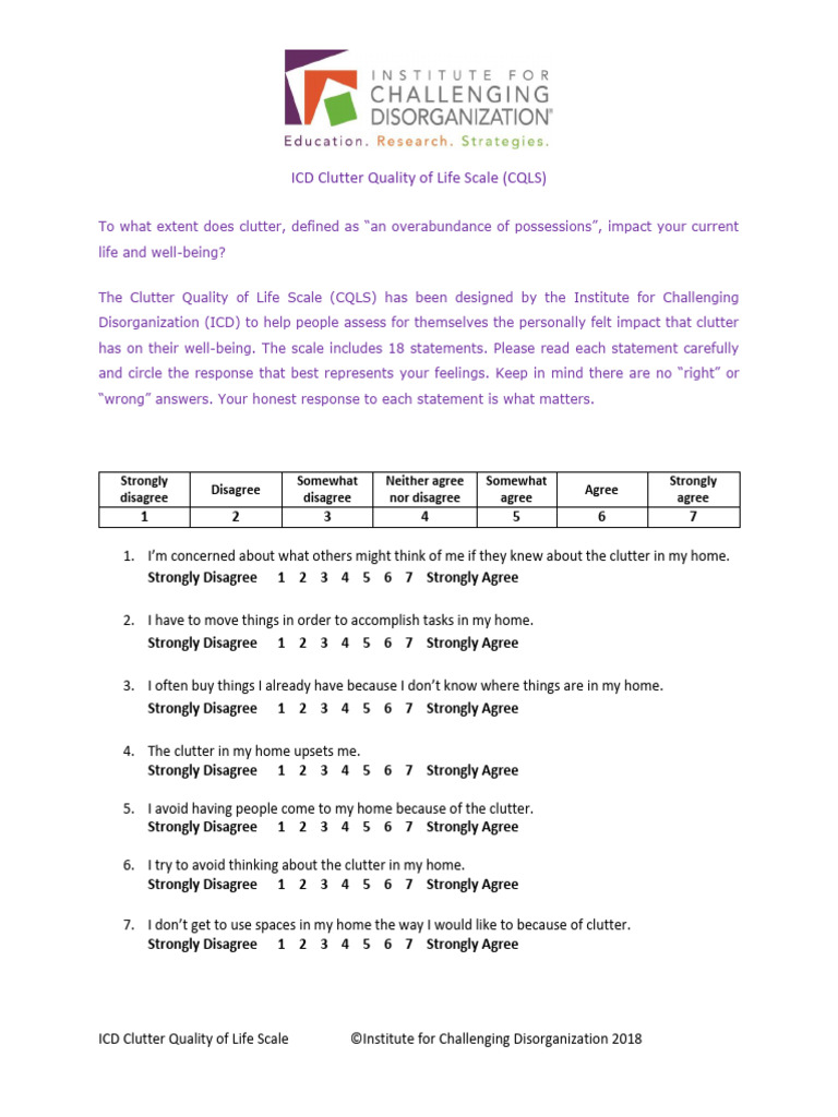 ICD Clutter Quality of Life Scale - Client Version | PDF