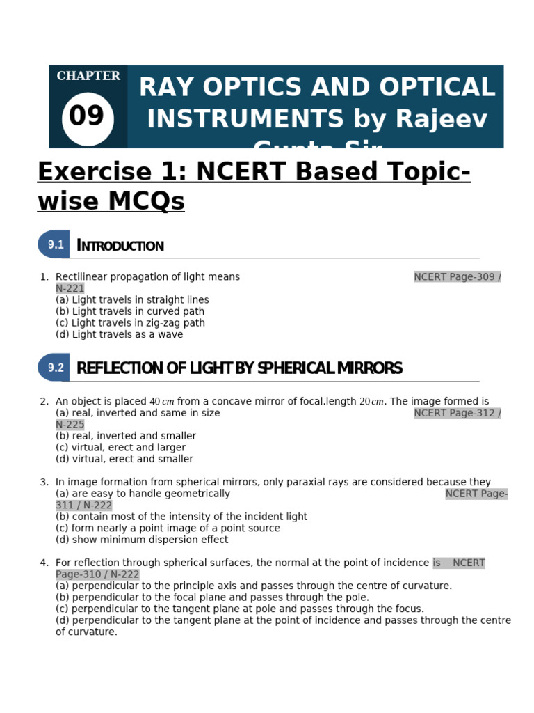 Ray Optics MCQ For Practice | PDF | Refraction | Glass Engineering And Science