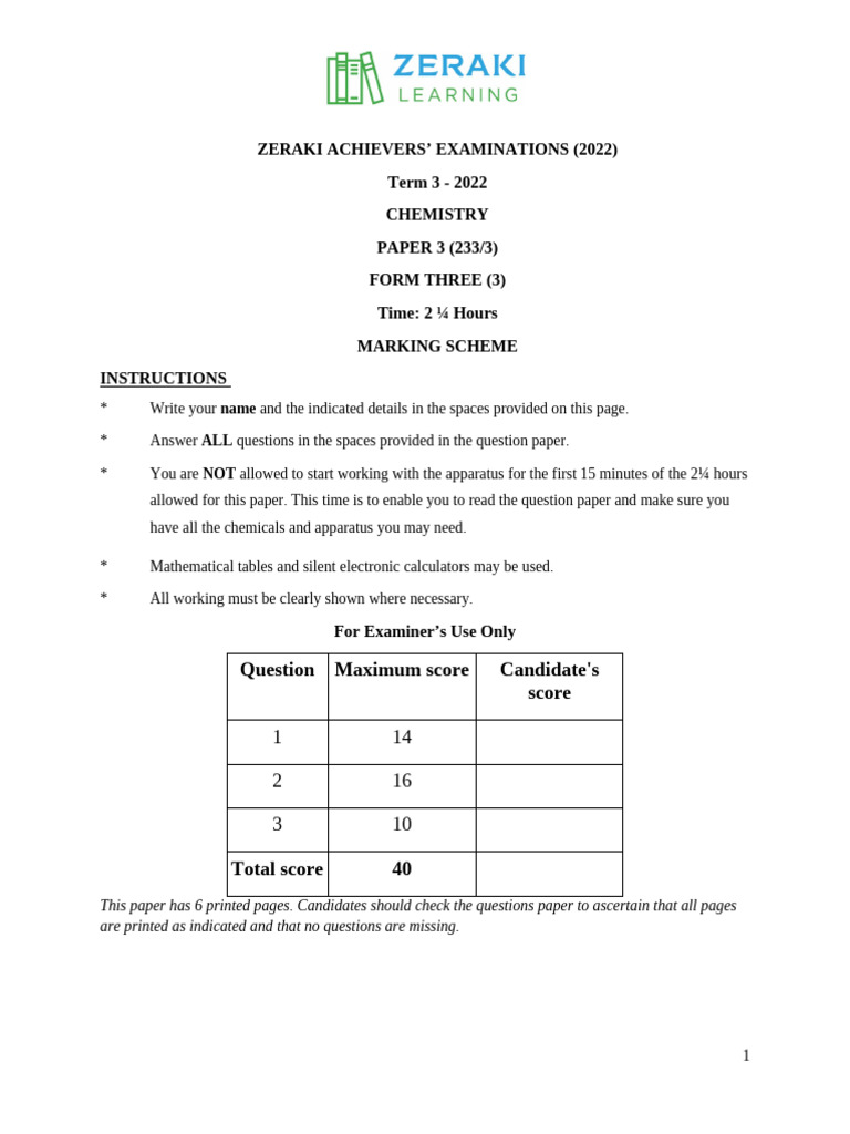 Form 3 Chemistry Exam Guide | PDF