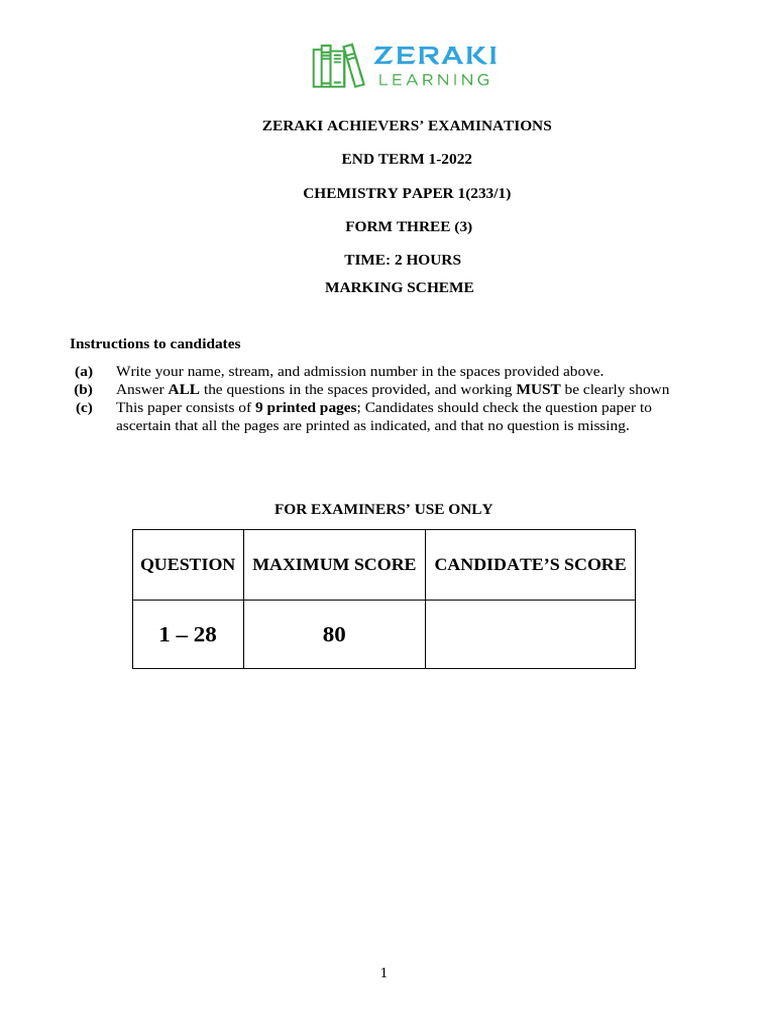 Chemistry Form 3 Paper 1 Marking Scheme Pdf Chemical Substances Nitric Acid