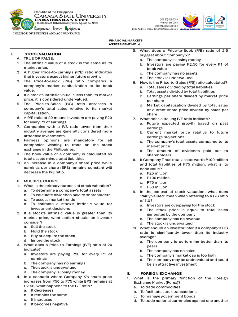 Stock Valuation, Foreign Exchange, & Derivatives QUESTIONNAIRE | PDF ...