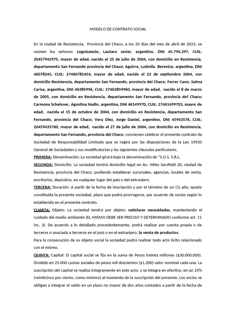 CONTRATO SRL modelo contrato social(1) | PDF | Sociedad de responsabilidad limitada | Contabilidad