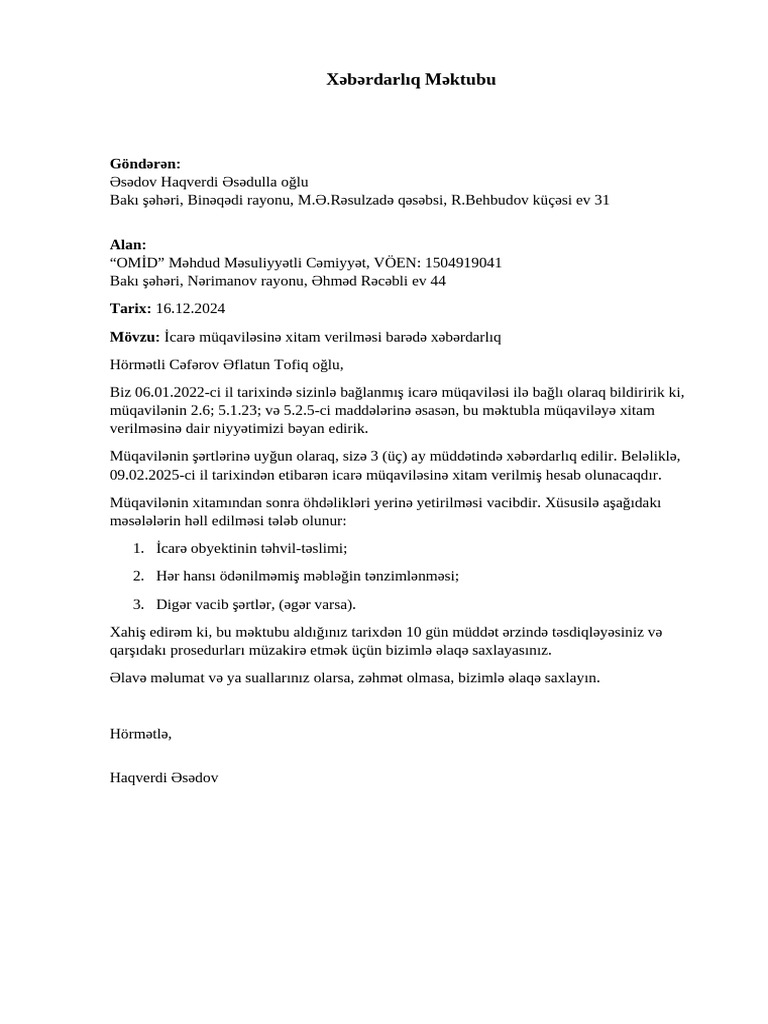 Xəbərdarlıq Məktubu Icarə Üçün | PDF