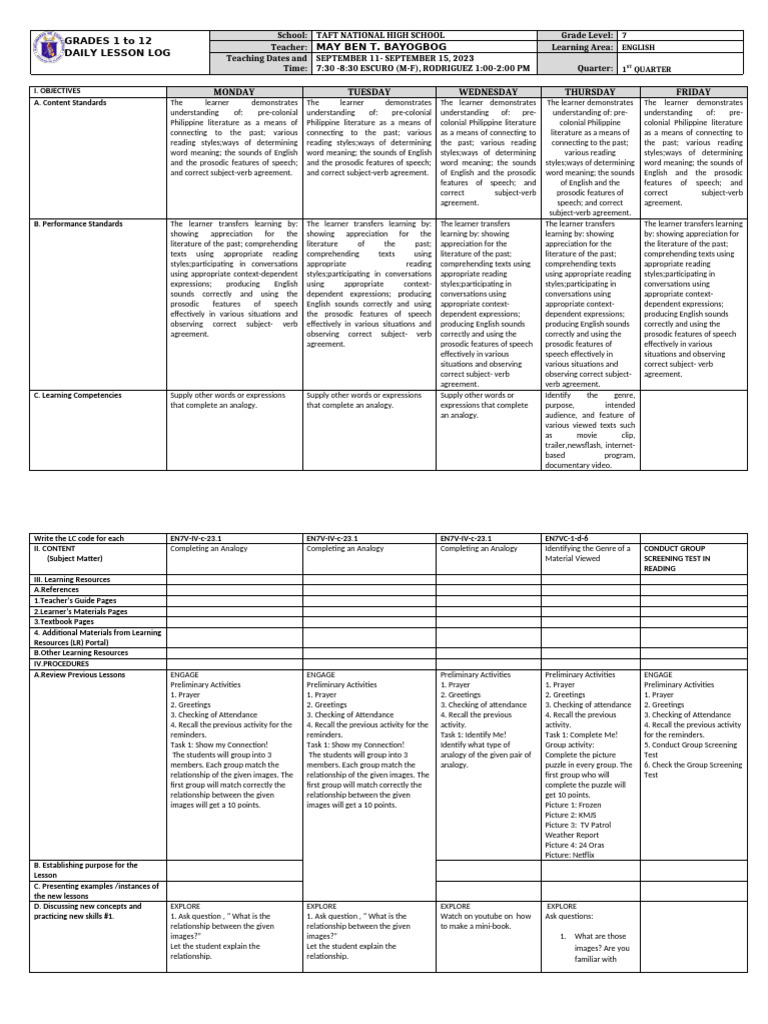 LESSON PLAN IN ENGLISH 7 | PDF | Analogy | English Language
