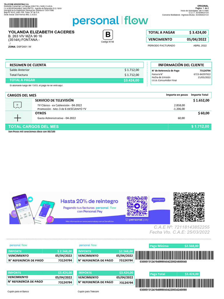 Factura Telecom Argentina Abril 2022 | PDF | Buenos Aires | Argentina
