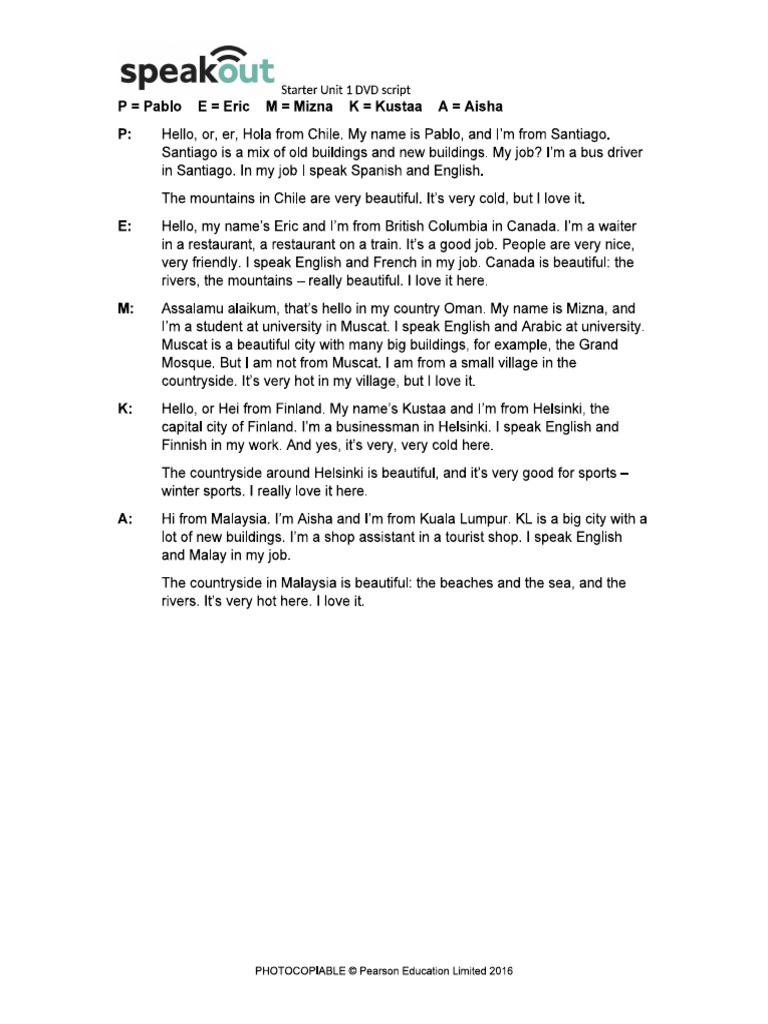 Speakout Starter Scripts | PDF