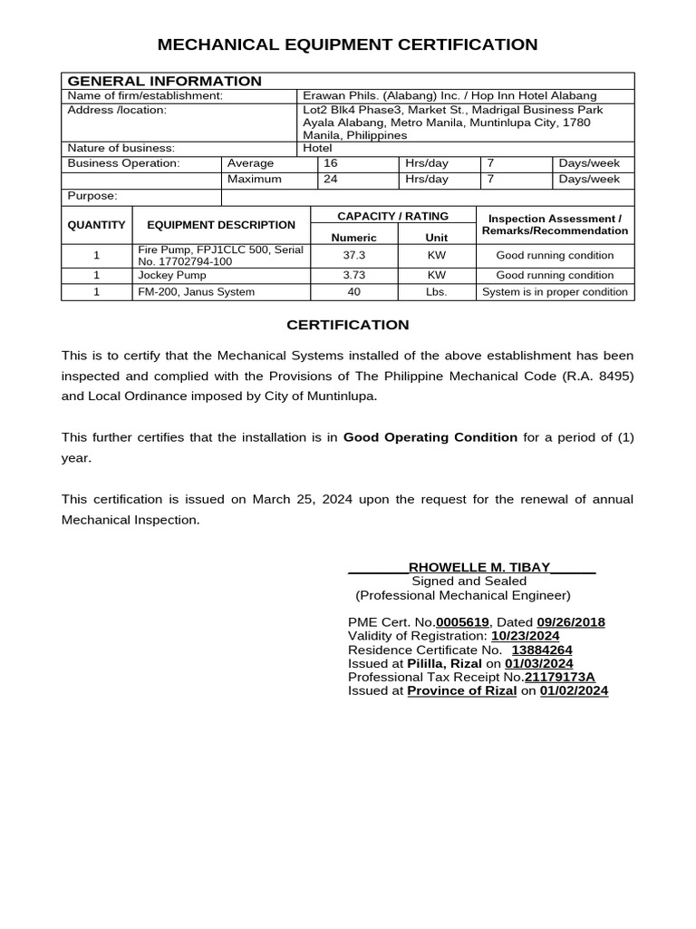 Mechanical Cerification-Fire Protection (Erawan Alabang) | PDF
