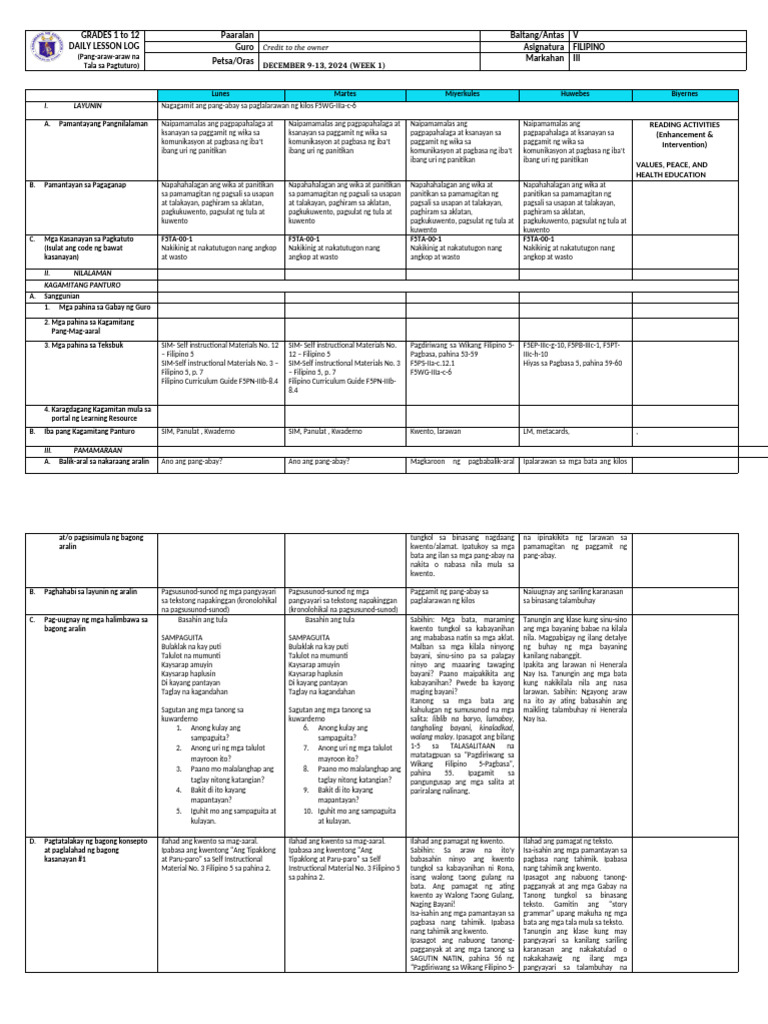 Grade 5 DLL FILIPINO 5 Q3 Week 1 | PDF