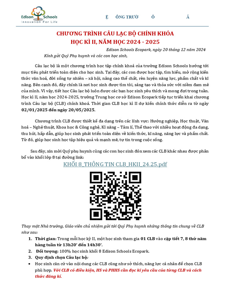 KHỐI 8 - TrH - EDISON - ECOPARK HƯỚNG DẪN ĐĂNG KÍ CLB - HKII - 2024.2025 | PDF