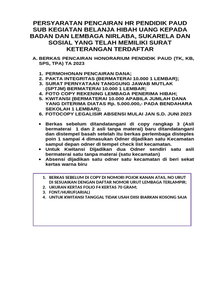 Berkas Pencairan Hibah Pendidik 2023 Fix. | PDF