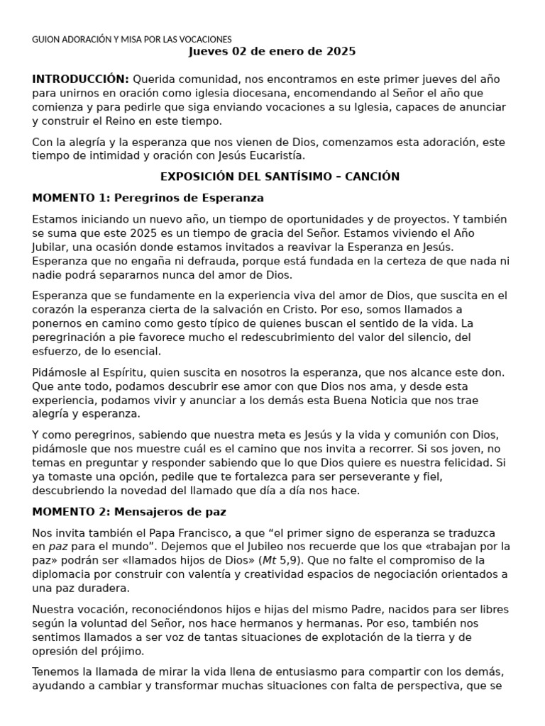 GUION ADORACIÓN Y MISA POR LAS VOCACIONES Ene 2025 | PDF | eucaristía ...