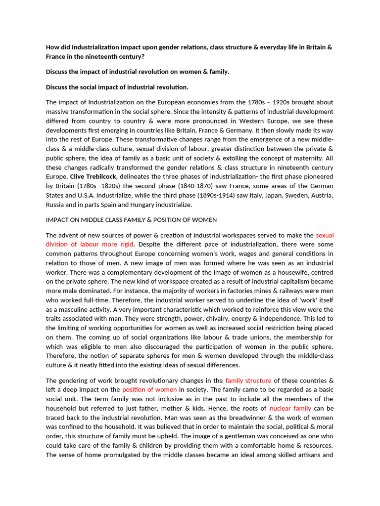 Industrialization Impact on Gender Relations | PDF | Family | Woman
