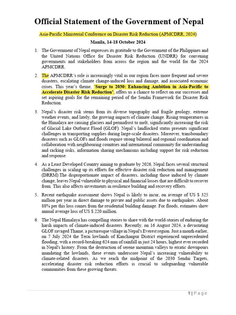 Nepal_APMCDRR_Official_Statement_final | PDF | Disaster Risk Reduction ...