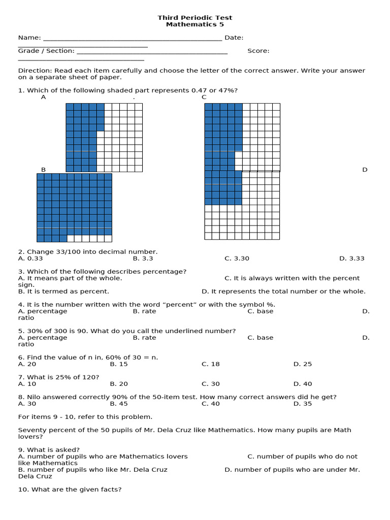 Third Periodic Test in Mathematics 5 | PDF | Circle | Percentage
