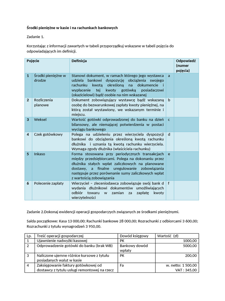 Zadania Środki Pieniężne, Kredyty | PDF