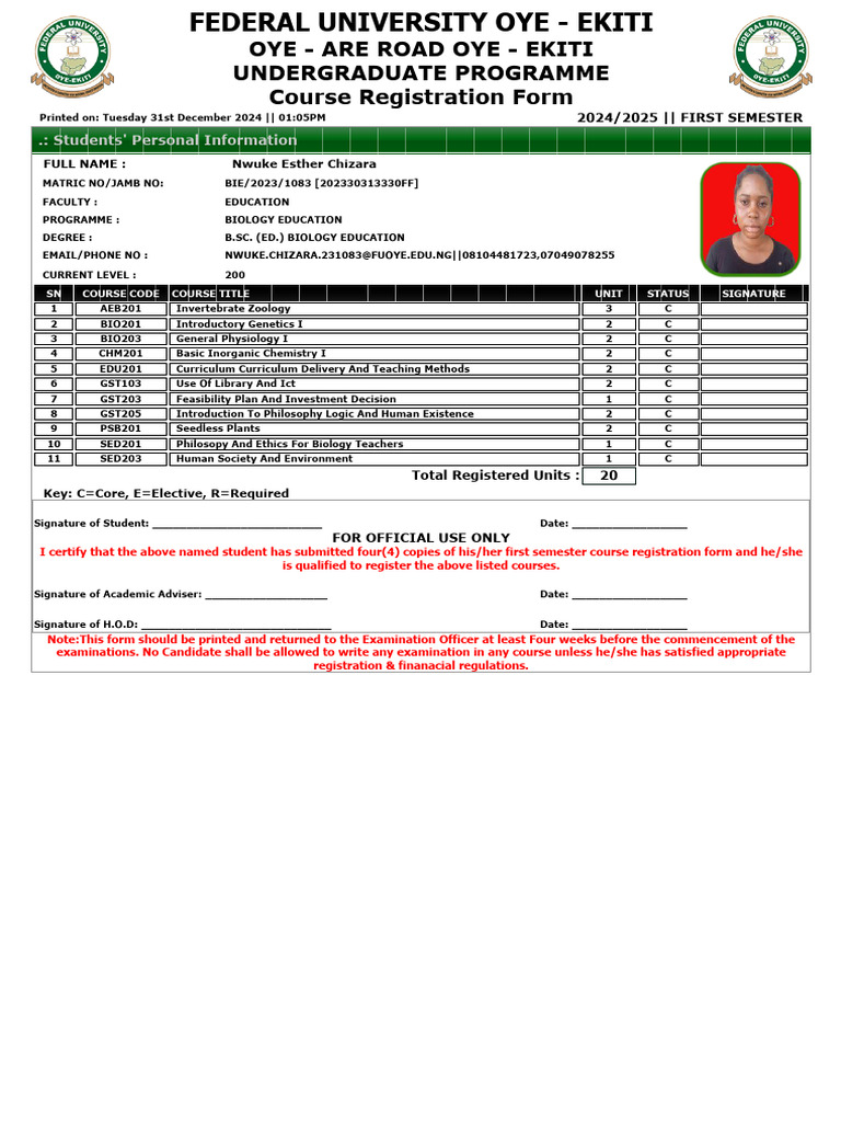 Course Registration Form - Nwuke Esther Chizara - FIRST Semester 2024 ...