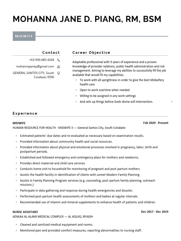 MJ Piang, RM,BSM_Resume | PDF | Postpartum Period | Midwife