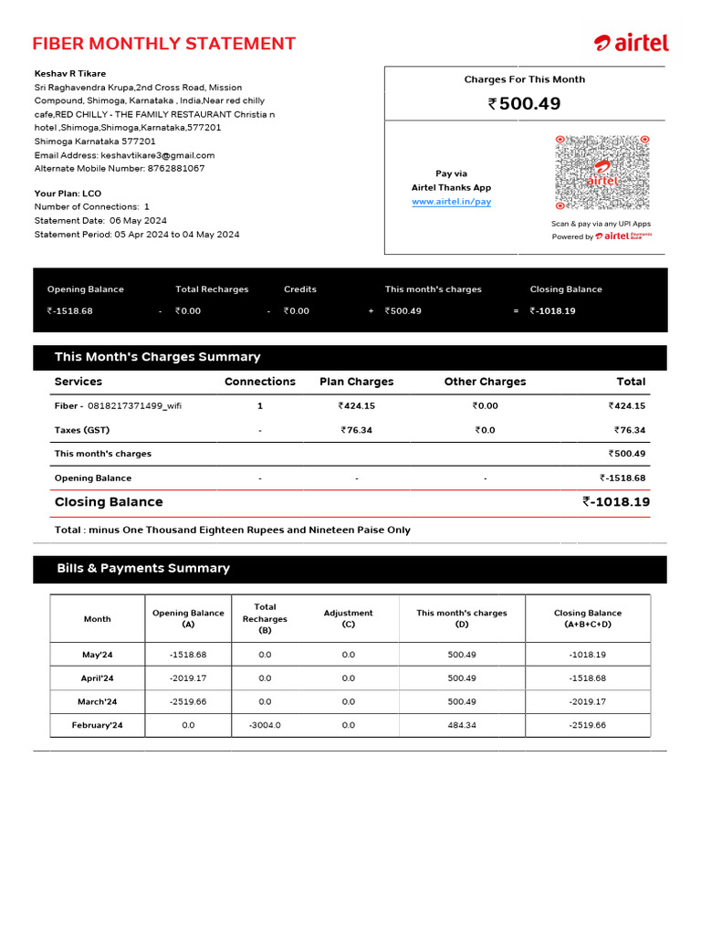 Fiber Monthly Statement: This Month's Charges Summary | PDF | Service Industries | Payments