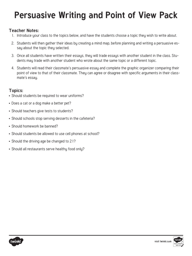 Persuasive Essay Writing and Point of View Pack Guidance | PDF