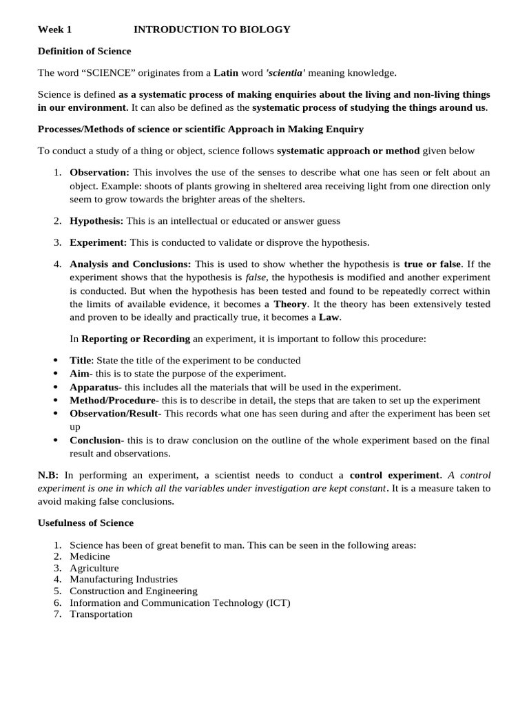 INTRODUCTION TO BIOLOGY_Week 1 | PDF | Experiment | Science