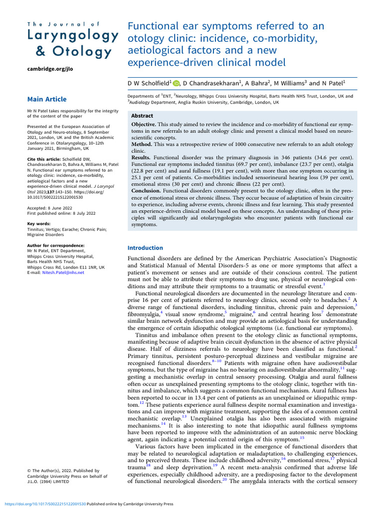 Functional Ear Symptoms Referred To An Otology Clinic Incidence Co ...
