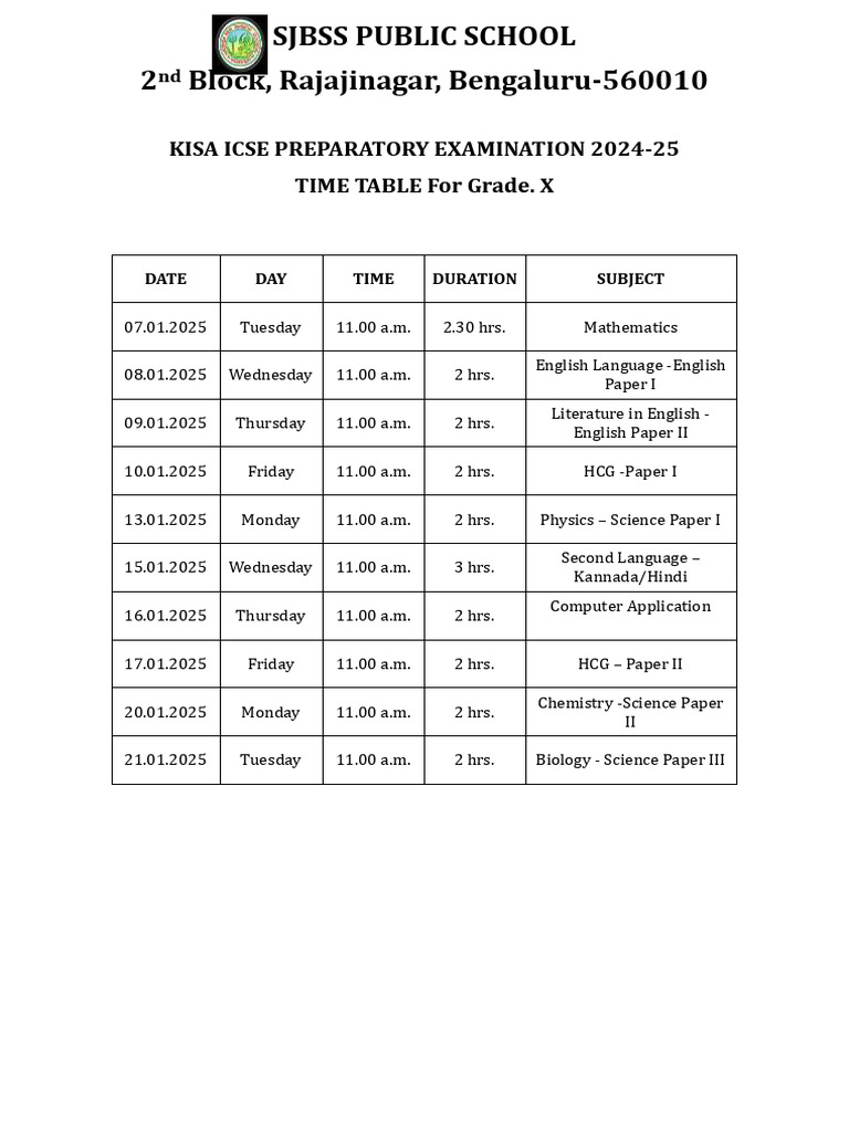 KISA ICSE - STD.X - Preparatory Time Table 24-25 | PDF