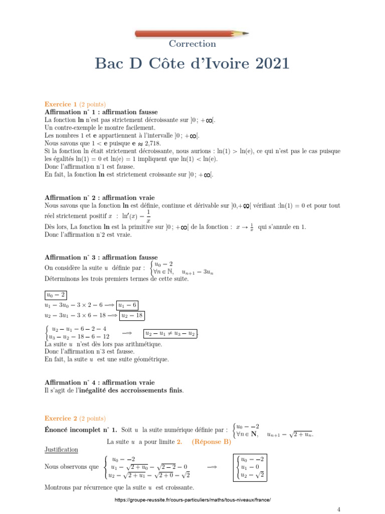 Correction Bac D Maths 2021 Côte d'Ivoire | PDF | Mathématiques ...