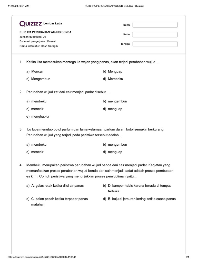 KUIS IPA PERUBAHAN WUJUD BENDA - Quizizz | PDF