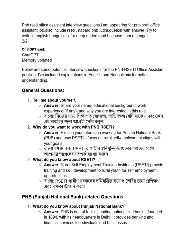 RSeti Office Assistant Interview Question and Answer | PDF